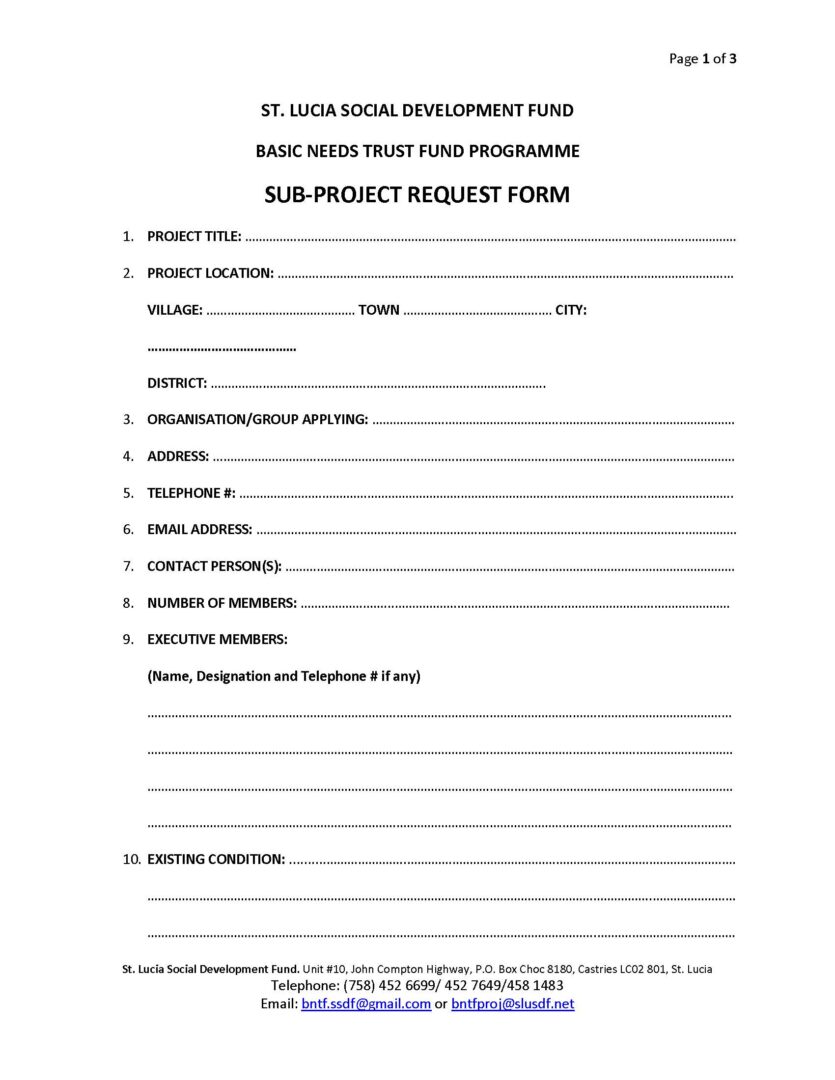 Sub Project Request Form (BNTF 11) - St Lucia Social Development Fund