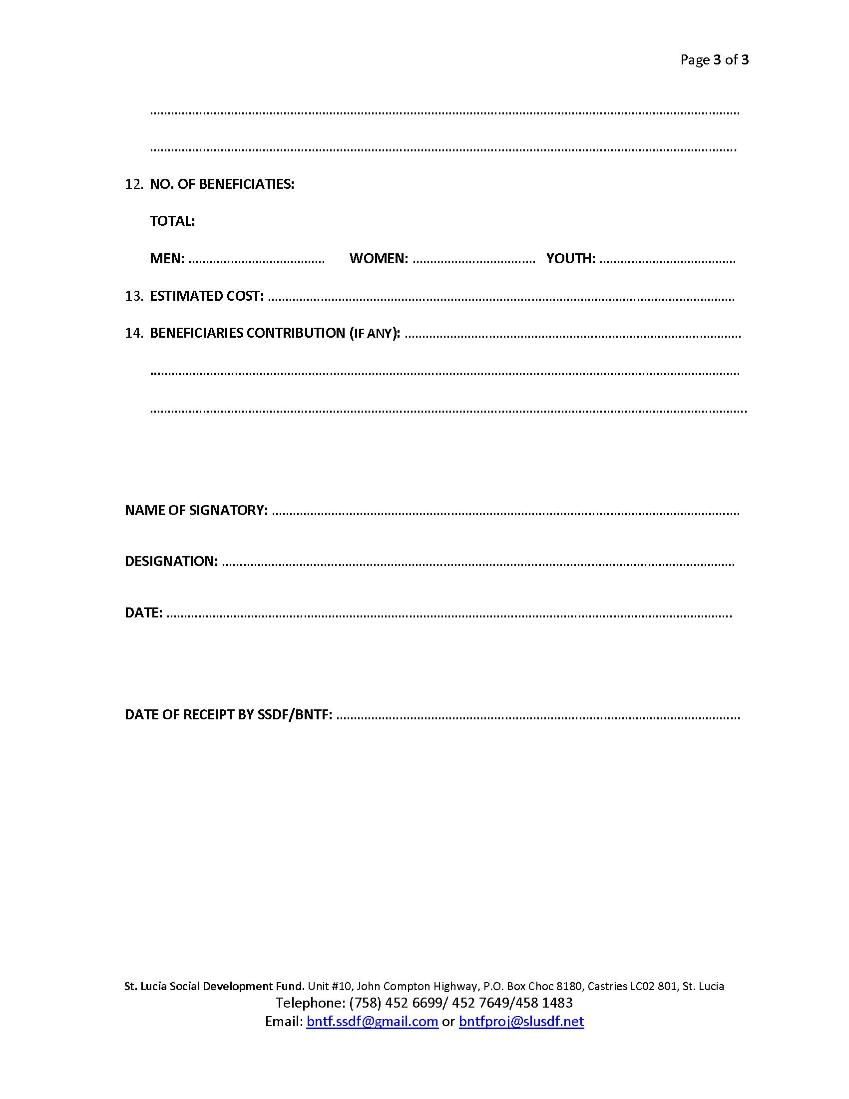 Sub Project Request Form (BNTF 11) - St Lucia Social Development Fund